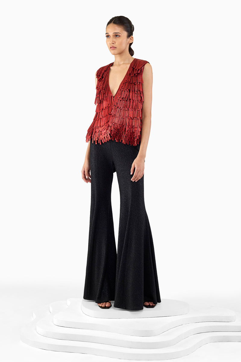 RED METALLIC FRINGE GILET TOP – Rimzim Dadu