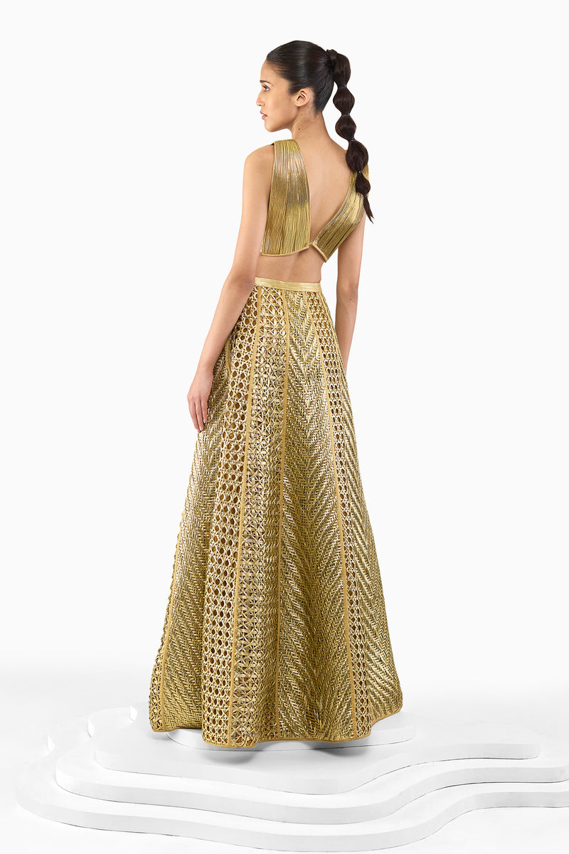GOLD METALLIC WEAVE LEHENGA – Rimzim Dadu